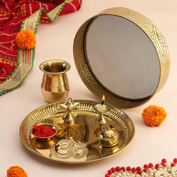Buy/Send Karwa Chauth Golden Om Pooja Thali Set Online | IGP | JVS1188538