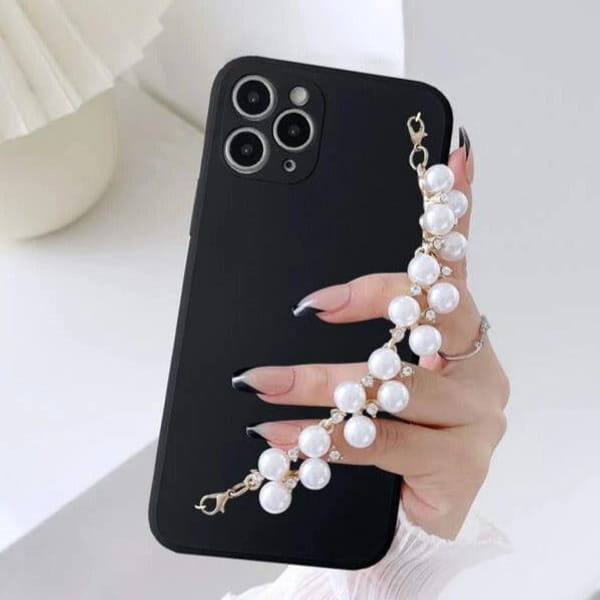 Buy/Send Phone case With Wrist Strap Chain Solid Black Faux Pearls ...