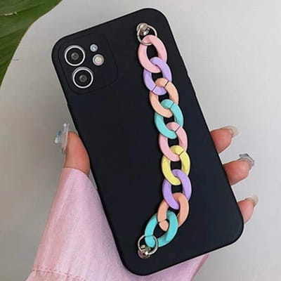 Buy/Send Phone Case With Wrist Strap Chain Solid Black Single Piece ...